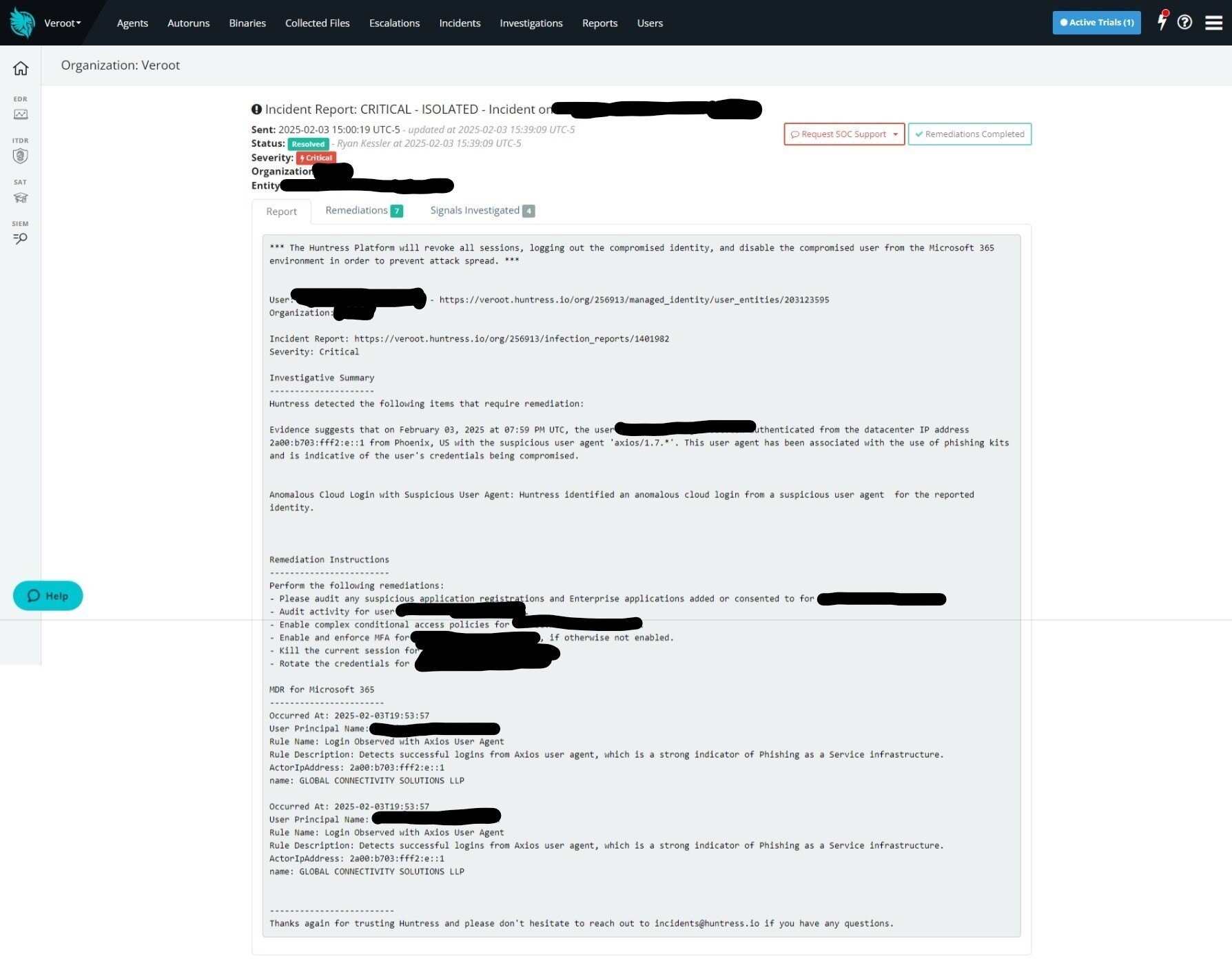 Veroot Cyber Partner - Huntress MDR/ITDR Services in Action